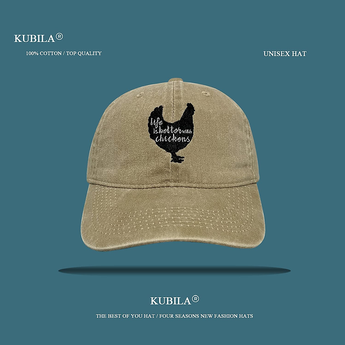 KUBILA Life is Better with Chickens Baseball Cap,Vintage Washed Cotton Denim Adjustable Low Profile Dad Hat for Men and Women Khaki