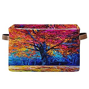 ALAZA Decorative Basket Rectangular Storage Bin, Colorful Autumn Trees Organizer Basket with Leather Handles for Home Office