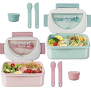 2 Set 1.5L Bento Lunch Box Kit for Adult, 4 Compartment Leak Proof Lunch Containers Snack Boxes with Fork & Spoon, BPA Free, Food Prep Storage Containers To Go for Travel Work Daycare, Green+Pink