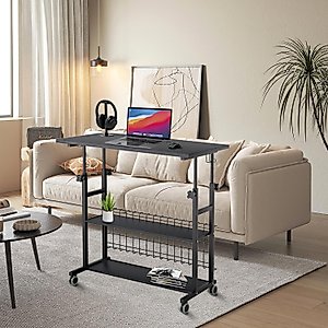 AIZ Rolling Laptop Cart with Storage for Small Spaces Portable Mobile Adjustable Computer Table on Wheels for Couch Bedrooms Black 39.4’’x19.7’’