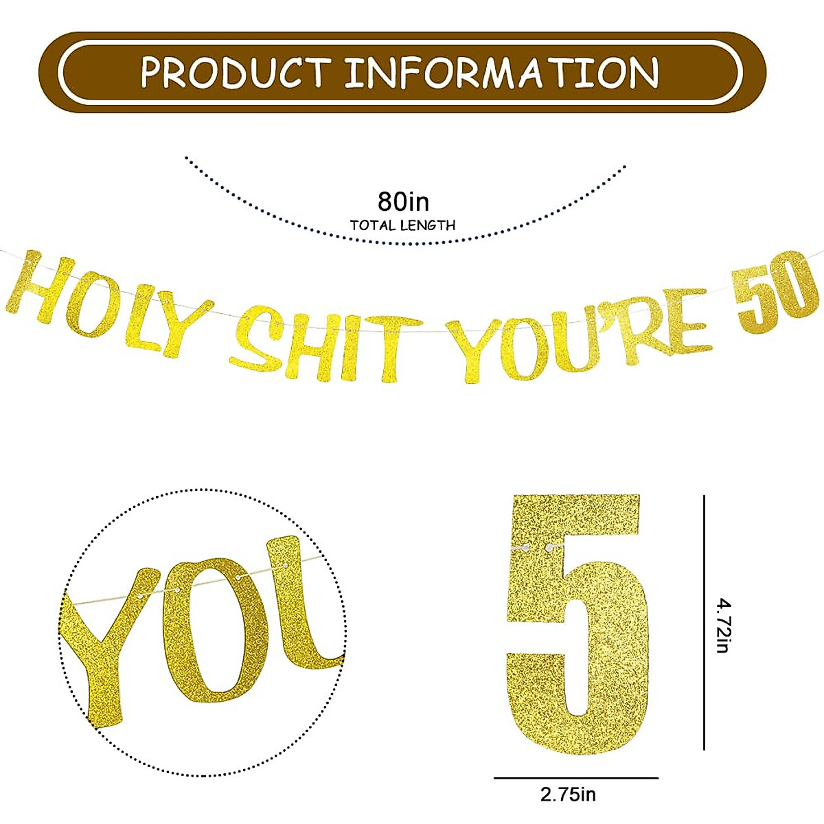 Holy Shit You're 50 banner，50th birthday banner，Womens Mens Gold Glitter Birthday Party Decoration，Fun 50th Birthday Party Supplies。