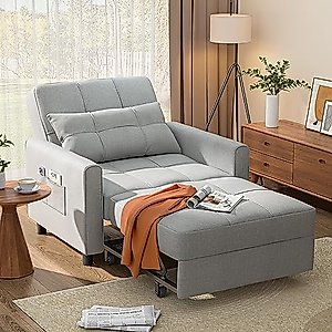 Noelse 3-in-1 Convertible Sofa Bed, Sleeper Chair Bed Pull Out Chair Bed, Sofa Bed with Adjustable Backrest, Single Sleeper Sofa Comfy Chair for Living Room Apartment (Light Gray)