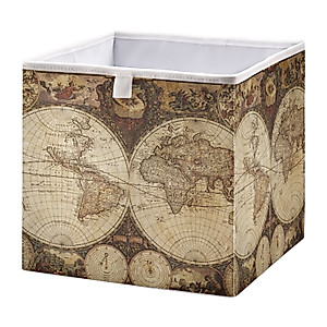 Vintage Map Storage Baskets for Shelves Foldable Collapsible Storage Box Bins with Cube Closet Organizers for Pantry Clothes Storage Toys, Books, Home, Office,11 x 11inch
