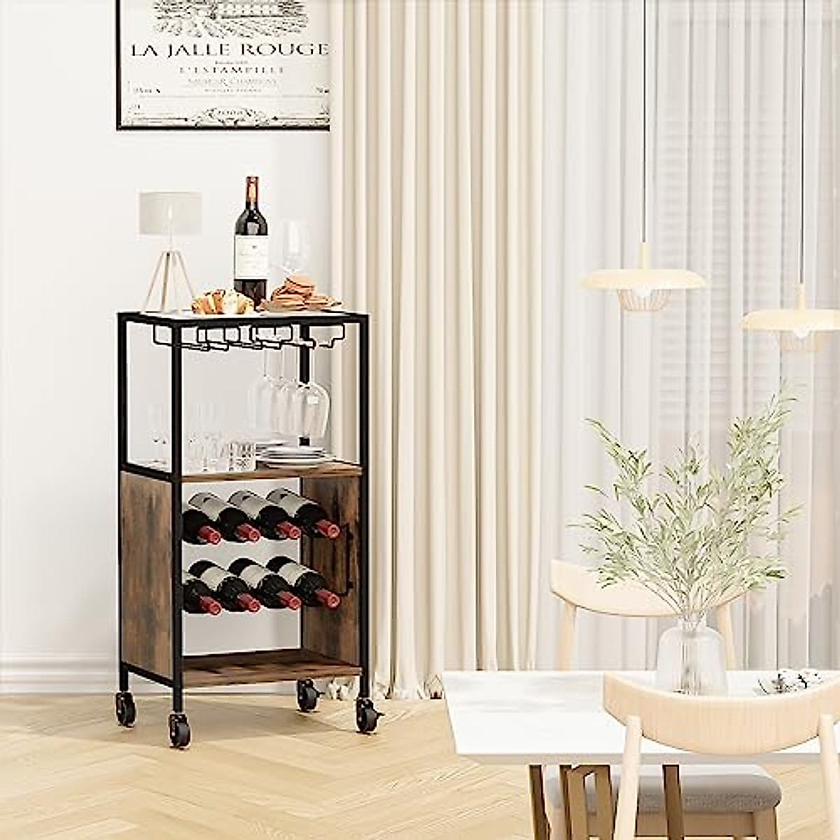 SZLHANJZ Wine Cart, Small Liquor Cart with Glass Holder, Rolling Side Table for Beverage Serving, Wood and Metal Bar Cart with Wine Rack for Home Bar, Kitchen, Living Room, Rustic Brown