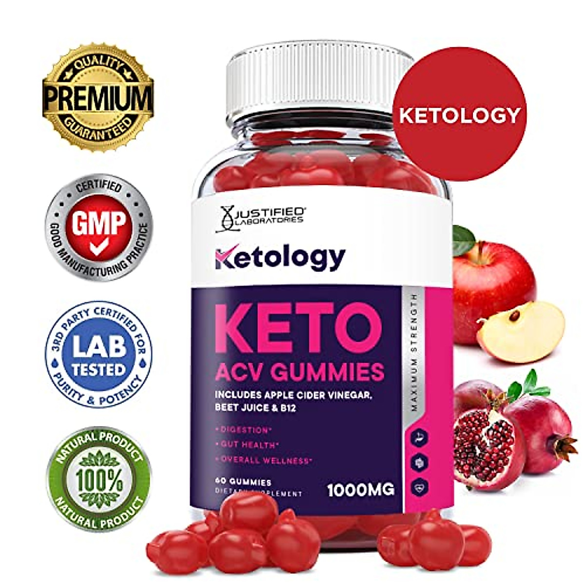 Justified Laboratories Ketology Keto ACV Gummies 1000MG with Pomegranate Juice Beet Root B12 60 Gummys