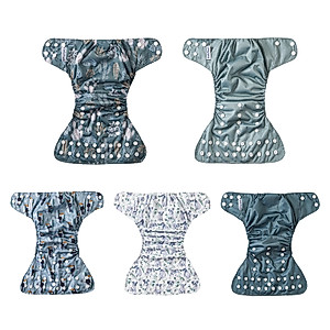 CoolaPeach Baby Cloth Diapers Washable Reusable Diapers for Baby Boys, One Size Adjustable Pocket Nappy Covers 5 Pack+ 5pcs Microfiber Inserts+ One Waterproof Bag