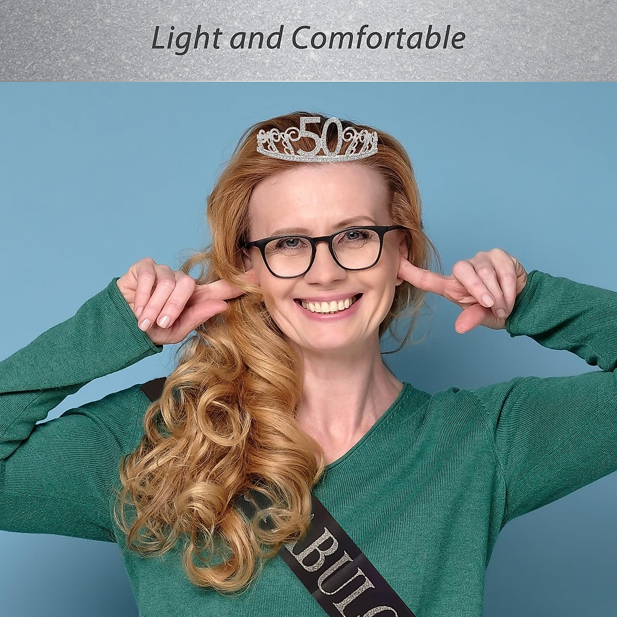 MEANT2TOBE 50th Birthday Sash and Tiara for Women - Fabulous Glitter Sash + Waves Rhinestone Silver Premium Metal Tiara for Her, 50th Birthday Gifts for 50 Party