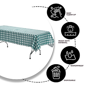 Exquisite Picnic Table Cover - 12 Pack Premium Rectangle Plastic Tablecloth - Teal & White Checkered BBQ Plastic Table Cover - Gingham Checkerboard Disposable Plastic Tablecloth 54" x 108" Rectangle
