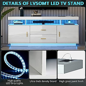 LVSOMT High Gloss Entertainment Center White with 3-Colors Lighting, LED Modern TV Stand for 65+ inch TV, Home Storage Cabinet, Console Media Cabinet for Living Room (Pearl White)