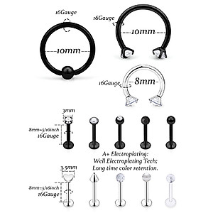 Vsnnsns 16G Lip Rings Stainless Steel Horseshoe Labret Monroe Lip Rings Nail Cartilage Tragus Helix Earrings Studs Septum Ring Medusa Piercing Jewelry Retainer for Women Men Silver Black 8mm