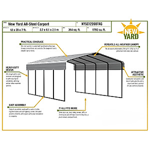 New Yard 12 x 20 x 7 ft Heavy Duty All Steel Carport – All-Weather Steel Canopy Shelter and Steel Frame for Cars, Trucks, Boats, and Outdoor Equipment
