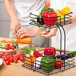 Kufutee 2 Tier Countertop Fruit Basket,Vegetables Bowl Storage With Banana Hanger,Black