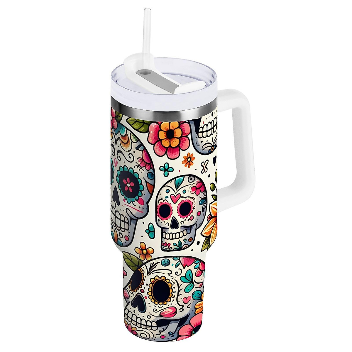 ALAZA Sugar Skull Day Of Dead Flower 40 oz Tumbler Stainless Steel Water Bottle Vacuum Insulated Cup with Straw Lid & Handle For Travel Car Cup Holder
