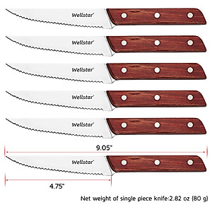 WELLSTAR Serrated Steak Knife Set of 6, Ultra Sharp Japanese Stainless Steel 4.5 inch Blade and Full Tang Pakkawood Handle Dinner Table Knives Pack for Home Kitchen Restaurant – Triple Riveted