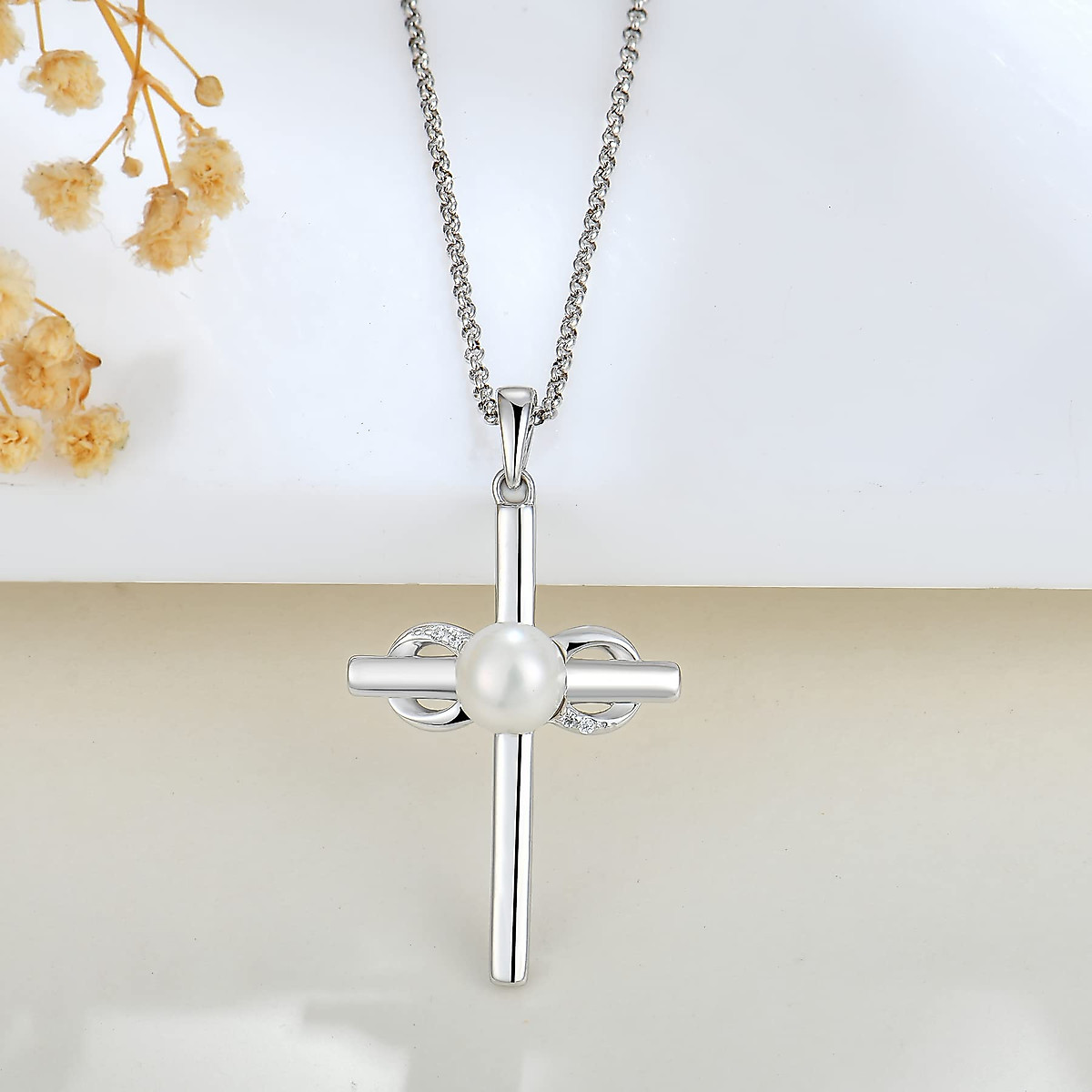 JO WISDOM Women Pearl Necklace,925 Sterling Silver Cubic Zirconia Infinity Cross Crucifix Pearl Pendant Necklace with 7mm Freshwater Cultured Pearl