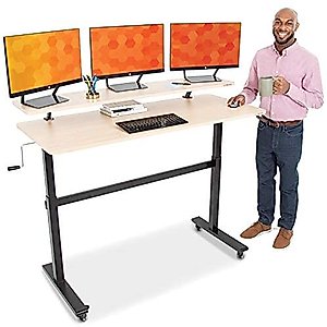 Stand Steady Tranzendesk | 55 Inch Standing Desk with Clamp On Shelf & Detachable Wheels | Crank Height Adjustable Sit to Stand Workstation | Monitor Riser Supports 3 Screens (55 in / Maple)