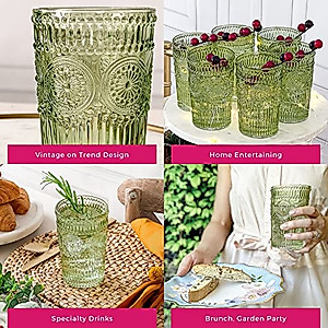 Vintage Textured Sage Green Striped Drinking Glasses Set of 6-13 oz Ribbed Glassware with Flower Design| Cocktail Set, Juice Glass, Water Tumbler