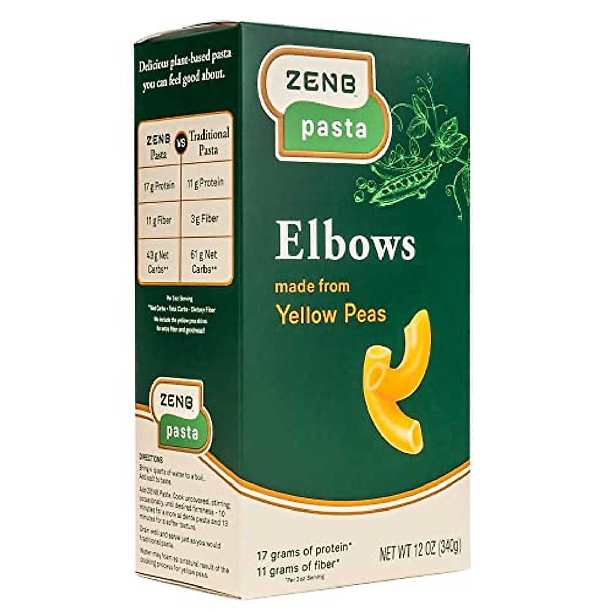 ZENB Plant Based Elbow Pasta - Made From 100% Yellow Peas, Gluten Free, Non-GMO & Vegan, 20g of Protein & 12g of Fiber In Every Serving - (Pack of 3)