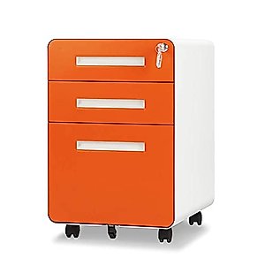 Superday Metal File Cabinet with Wheels and Keys, 3 Drawer Filing Cabinet Pre-Assembled, Mobile Under Desk Storage Cabinet for A4/Letter/Legal, Orange