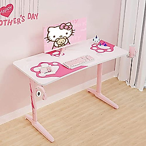 DoubleWin Pink Gaming Desk, 47 inch Gaming Table I Shaped Gaming Computer Desk for Girls, Home Office PC Computer Table Gaming Desk Pink with Cup Holder Headphone Hook and Gaming Handle Rack