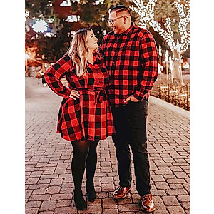 FANCYINN Womens Christmas Plaid Dresses Flannel Button Down Long Sleeve Shirt Dress Winter Casual Dresses Mini Dress with Belt Red M