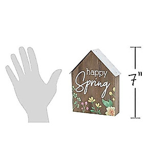 'Happy Spring' House Shaped Wood Block Sign with Flowers - Floral Easter Home Decor for Table Desk or Shelf