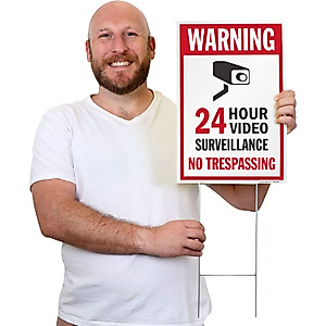 SmartSign 12" x 18" (2-Pack) 24 Hour Video Surveillance No Trespassing Yard Sign with 15" Metal H-Stake, Double Sided, Large 160 mil Thick Corrugated Plastic Lawn Signs, Water Resistant, USA-Made