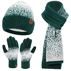 Womens Winter Knit Beanie Hats and Touchscreen Gloves Long Scarf Set with Warm Fleece Lined Skull Caps Gloves Scarves for Women