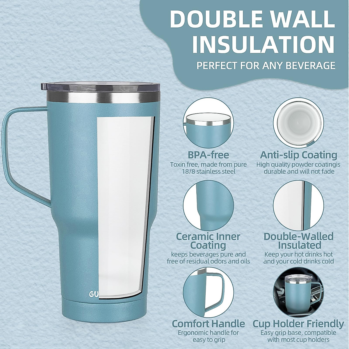 20 oz Insulated Coffee Mug with Ceramic Coating, Stainless Steel Travel Mug Tumbler with Handle Lid and Straw, Double Wall Leak-Proof Thermos Coffee Travel Mug Keeps Drink Hot and Cold (Lake Green)