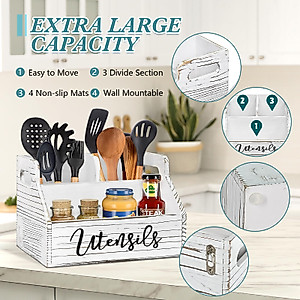 Cooking Utensil Organizer Kitchen Utensil Holder for Countertop, Wood Kitchen Tools Silverware Holder Condiment Organizer, Flatware Utensil Caddy With 3 Large Compartments, White Kitchen Accessories