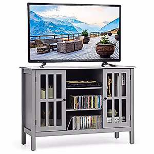 Tangkula TV Stand, Modern Tall Entertainment Center for TVs up to 50", Media Console w/2 Storage Cabinets & 3 Open Shelves, Wire Hole, Wood TV Console Table for Living Room, Grey