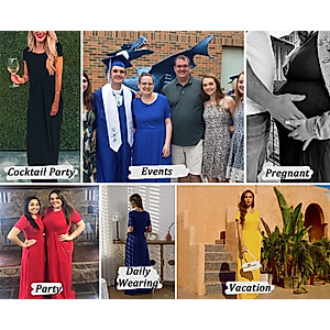 AUOMITH Women’s Short Sleeve Loose Plain Red Maxi Dress Crew Neck Casual Swing Cocktail Empire Waist Long Ball Dress with Pockets(Red, XL)