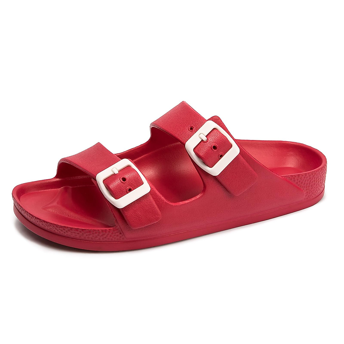 FUNKYMONKEY Women's Comfort Slides Double Buckle Adjustable EVA Flat Sandals (6 M US-Women, Red)