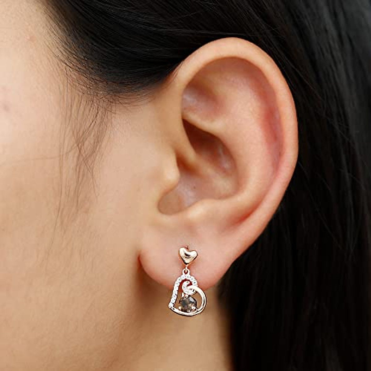 1/2 CT Smoky Quartz and Diamond Heart Drop Earrings (AAA Quality), 14K Rose Gold