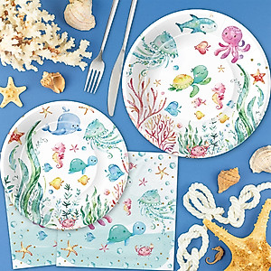 APOWBLS Under The Sea Party Decorations Dinnerware For Ocean Theme Birthday Baby Shower, Ocean Under The Sea Party Supplies, Plate, Napkin, Tablecloth, Underwater Sea Life Party Tableware, Serve 24