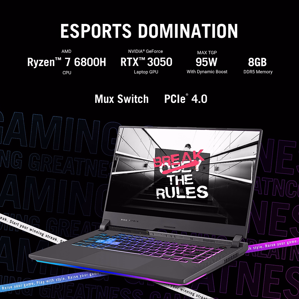 ASUS ROG Strix G15 Gaming Laptop, 15.6” 16:9 FHD 144Hz, GeForce RTX 3050, AMD Ryzen 7 6800HS, 8GB DDR5, 512GB PCIe SSD, Wi-Fi 6E, Windows 11, G513RC-EH71