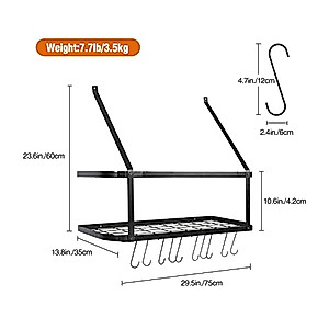 ALAPUR 2 Tier Wall Mounted Pot Rack Storage Shelf with 10 Hooks,Kitchen Pots and Pans Hanging Rack Holder for Utensils Cookware Household,Black