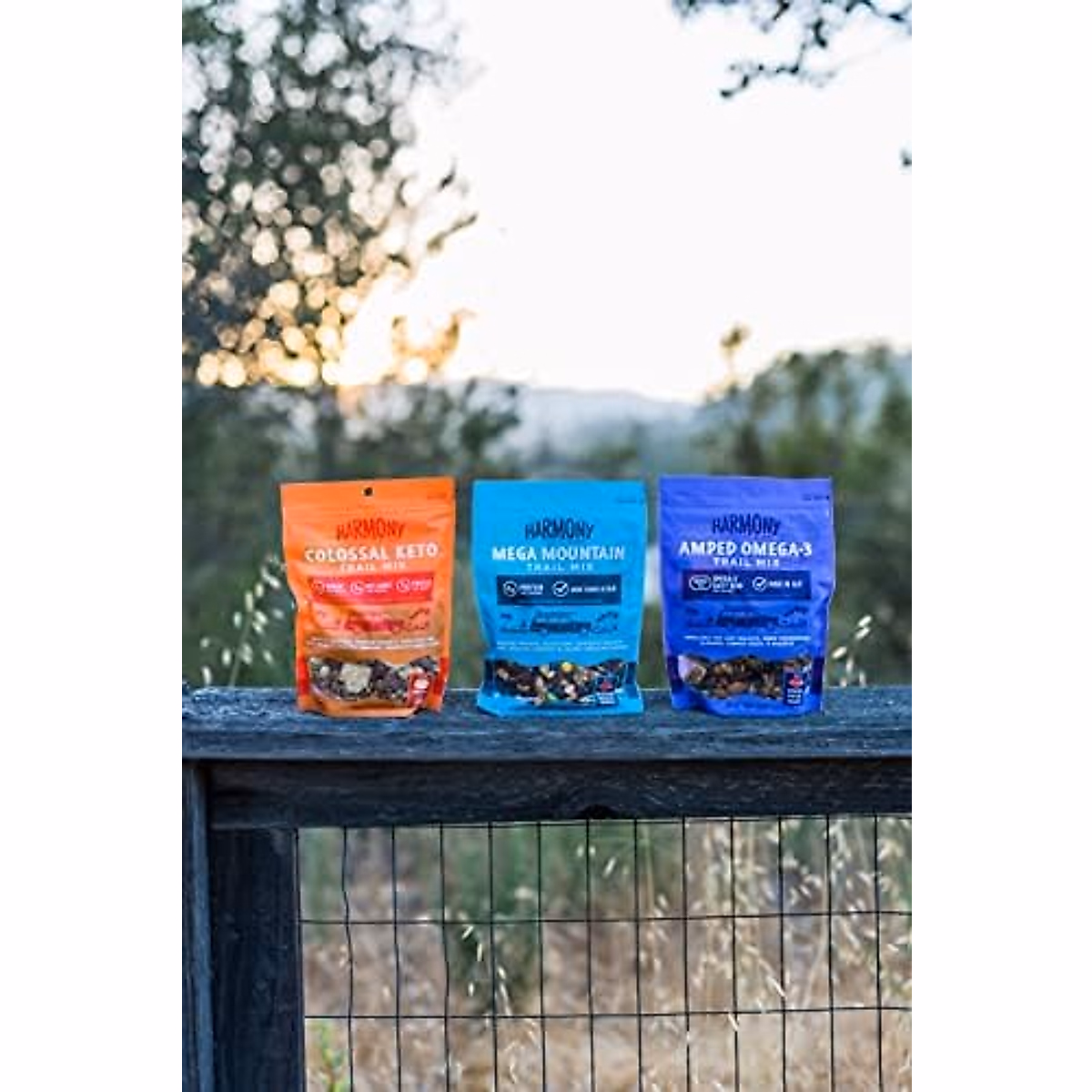 Harmony Trail Mix Variety Pack with 13-Oz. Mega Mountain, 10-Oz. Colossal Keto, and 10-Oz. Amped Omega-3 Trail Mix