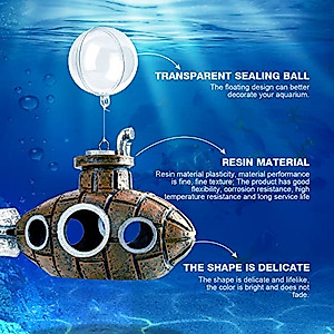 Floating Fish Tank Decoration, Little Cute Retro Submarine Aquarium Decoration with Two Float Balls , Resinous Fish Tank Accessorie, Safe Fish Toy for Betta Cichlid Goldfish Shrimps Hermit Crabs