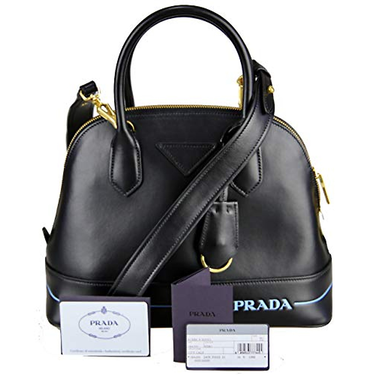 Prada City Calf Dome Blue Stripe Black Satchel 1BA200