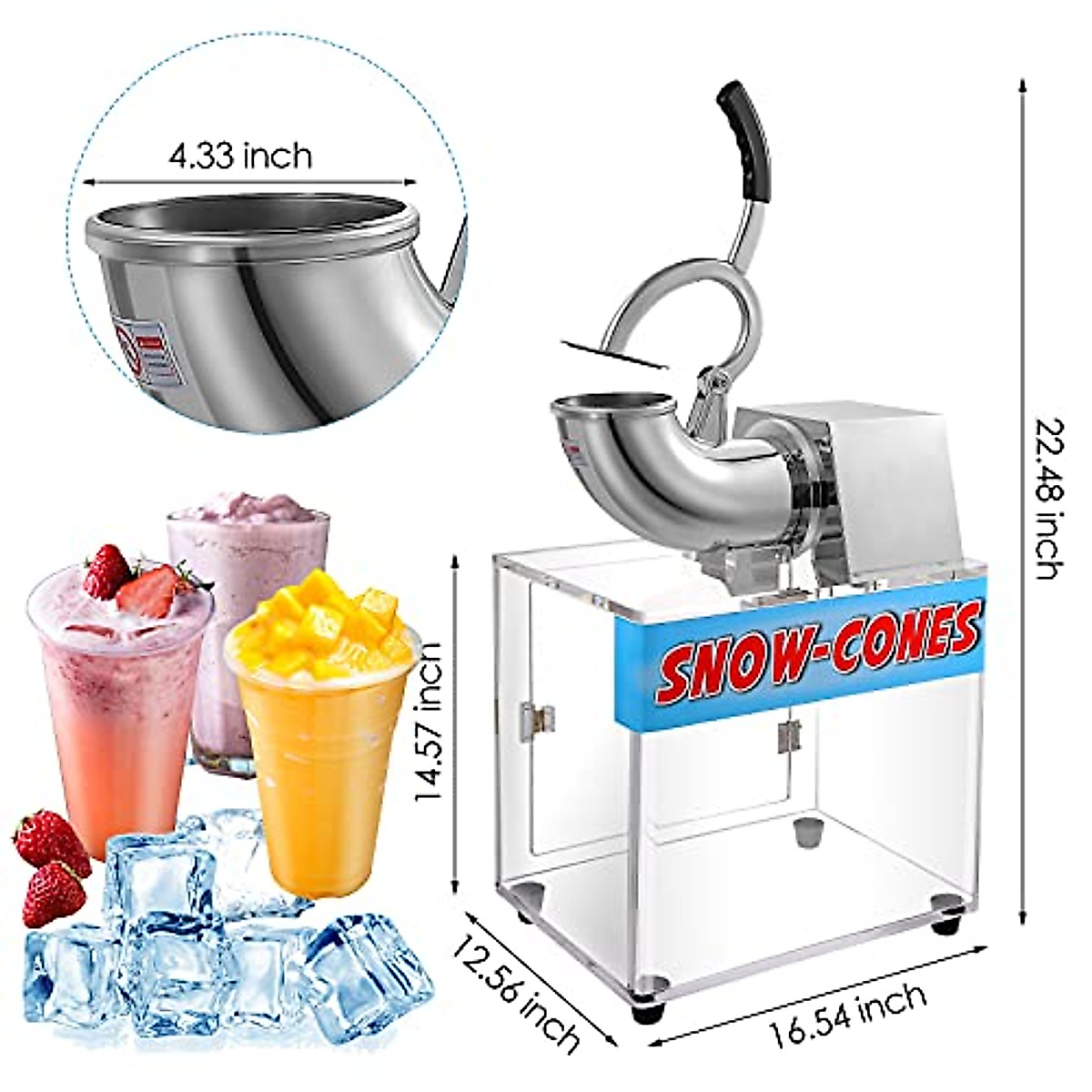 250W Electric Stainless Ice Shaver Machine 440 LBS/H Snow Cone Machine Commercial 110V Snow Cone Maker Ice Crusher with Safety On,Off Switch for Family,Restaurants Bars