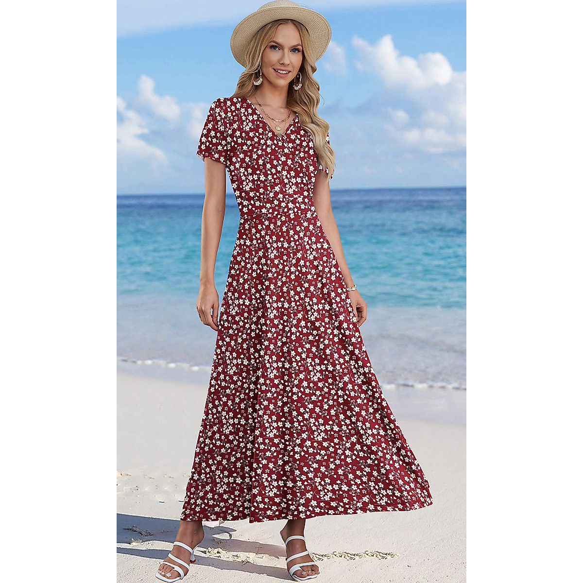 AUSELILY Maxi Dresses for Women Ankle Length Floral Print Beach Long Flowy Dress with Pockets Red Flowers M