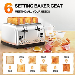 Toaster 4 Slice,Ultra-Clear Led Display, Dual Control Panels With Independent Settings,Retro Stainless Steel Toater with 6 Shade Settings,4 Slice Toaster with Bagel Lainsten Toaster T-5057D (Silver)