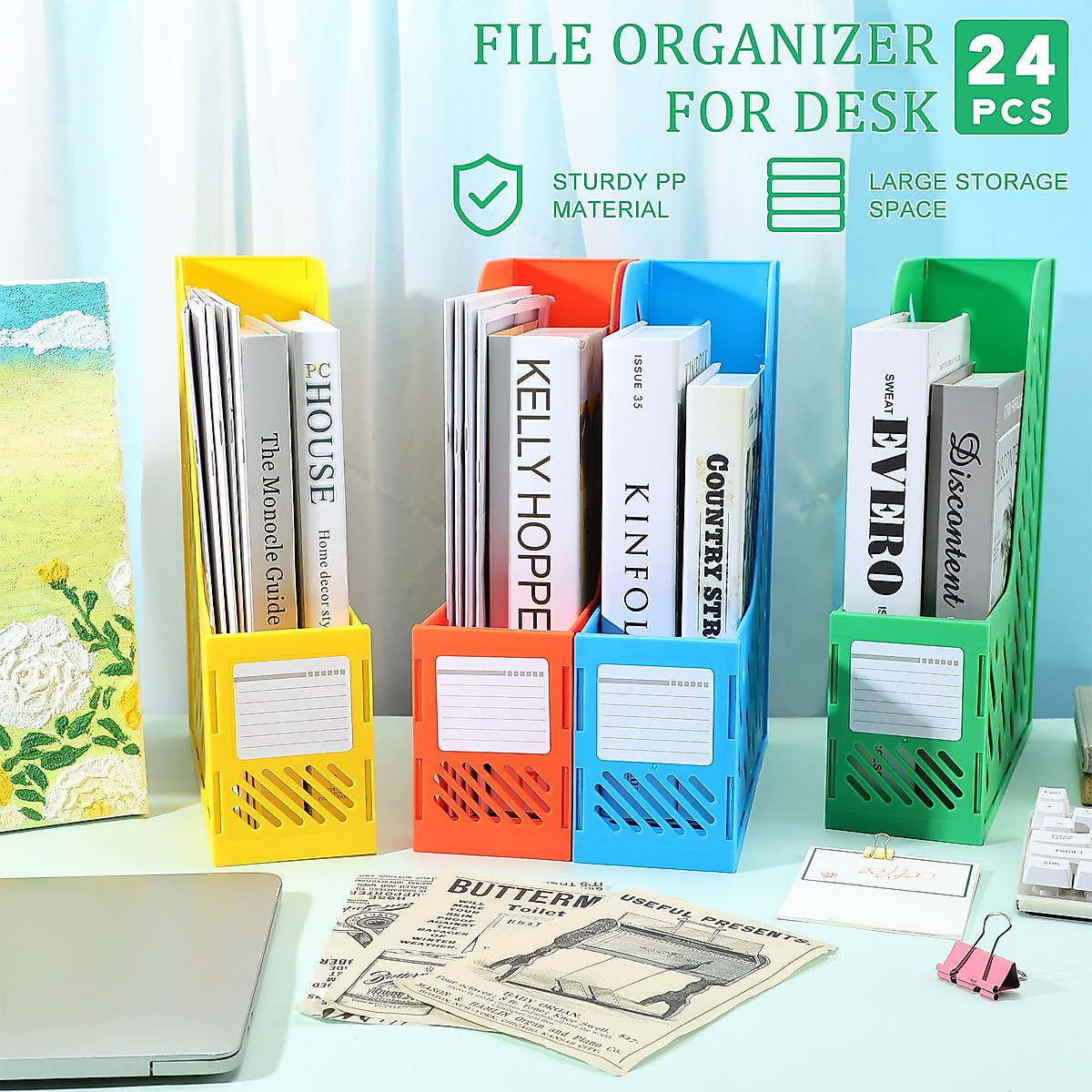 24 Pack Magazine File Holder Desk Organizer Foldable Vertical File Folder for Office Classroom Organization and Storage Desktop Binder Rack for Office Classroom Supplies (Red, Yellow, Blue, Green)