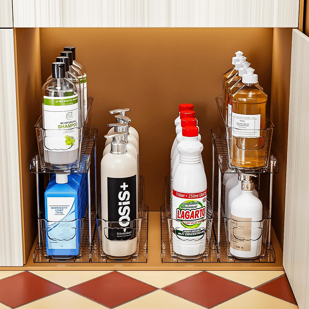 14.8" Deep 2 Set 2 Tier Under Sink Organizers and Storage,5.1” Narrow Pull Out Bathroom Cabinet Organizer for Kitchen,Pantry Organizer,Cleaning Products Organizer and Medicine Cabinet Storage,Clear