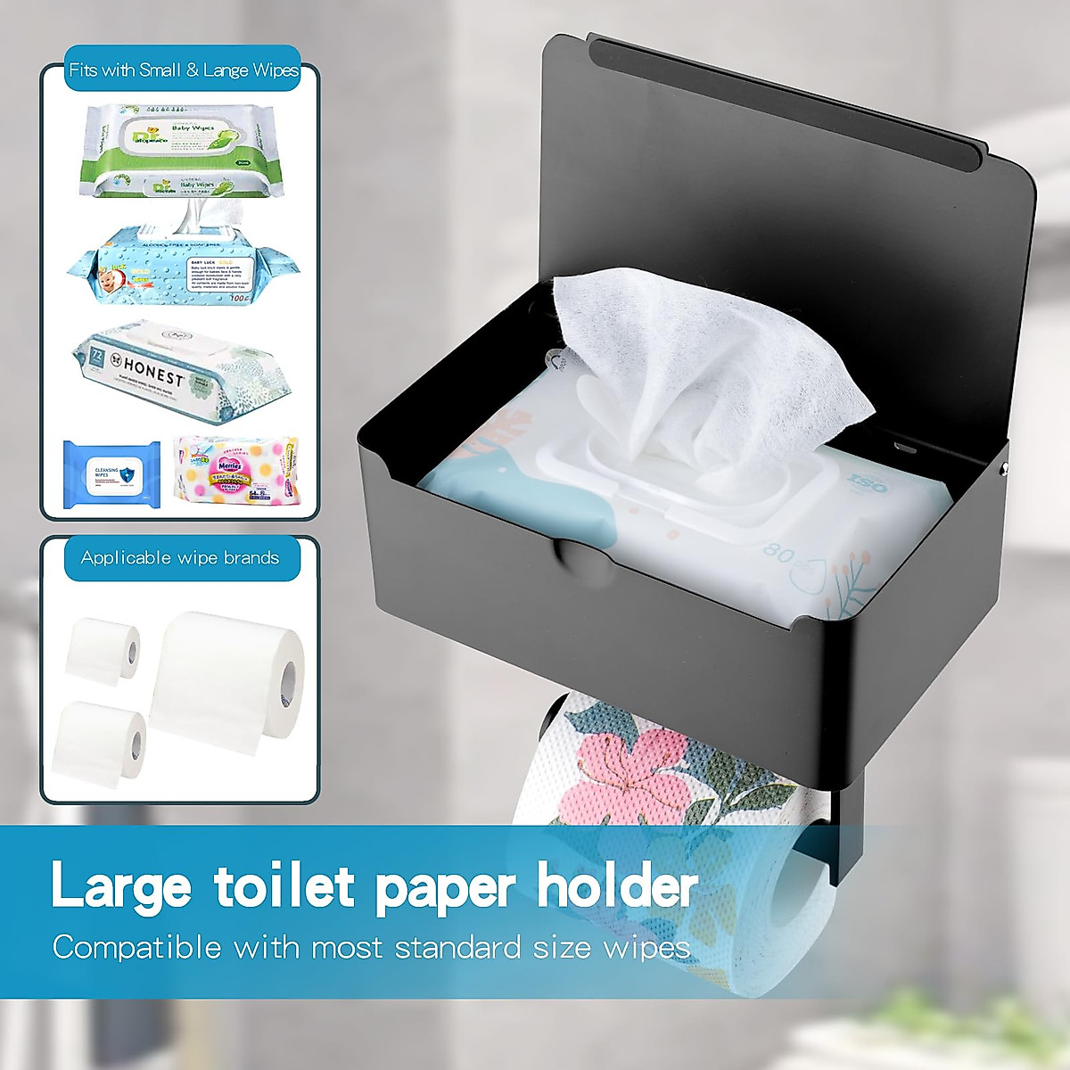 VIJAY SENO Black Toilet Paper Holder with Wipes Storage Wall Mount(Drilling/Adhesive), Toilet Paper Wipes Holder for Bathroom - Hide Your Wipes-SUS304 Stainless Steel(Large)