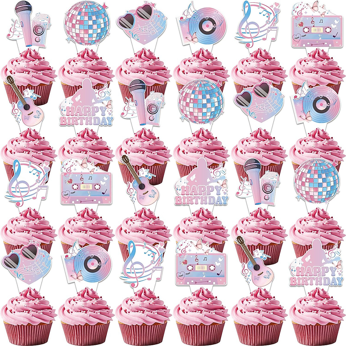 24 Pcs Popular Happy Birthday Era's Party Decorations Cupcake Toppers, Super Star Birthday Party Cake Decorations for Fans Celebration Party, Guitar Themed Party Supplies for Girls Night