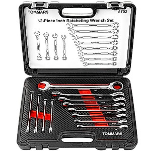 TOMMARS SAE Ratcheting Wrench Set, 1/4" - 7/8", 12-Pc Head Ratchet Combination Combo Socket Wrenches, Cr-V Steel