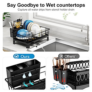 GSlife Dish Drying Rack, Small Dish Rack with Tray Compact Dish Drainer for Kitchen Counter Cabinet, Black