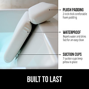 Gorilla Grip Bath Pillow for Tub, Comfortable Bathtub Pillows for Neck Head and Back Support, Strong Suction Waterproof Headrest, Cushion Rest for Curved or Straight Tubs, Spa Accessories, White